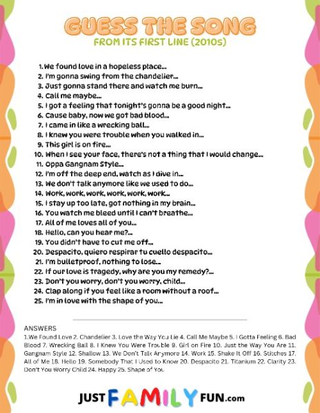 Top 10 Music Lyrics Quiz | Guess The Song | Just Family Fun